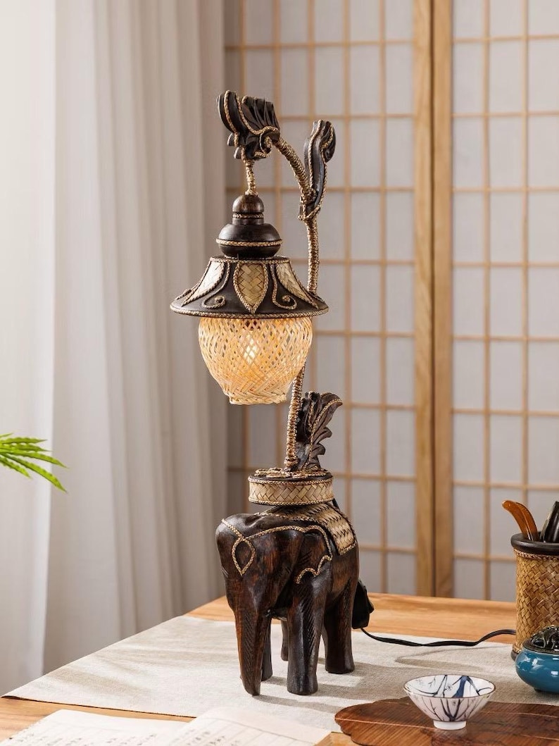 Elephant Lamp, Tabletop Lamp, Carved Wooden Elephant Lamp, Pagoda-style ...
