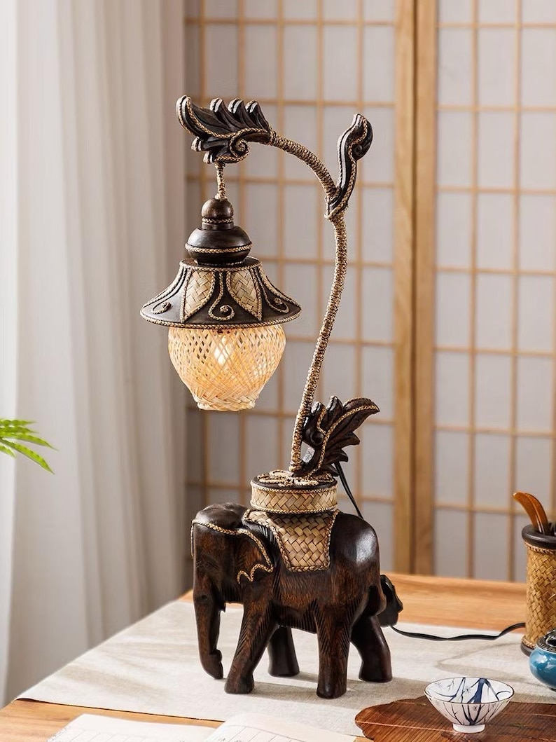 Elephant Lamp, Tabletop Lamp, Carved Wooden Elephant Lamp, Pagoda-style ...
