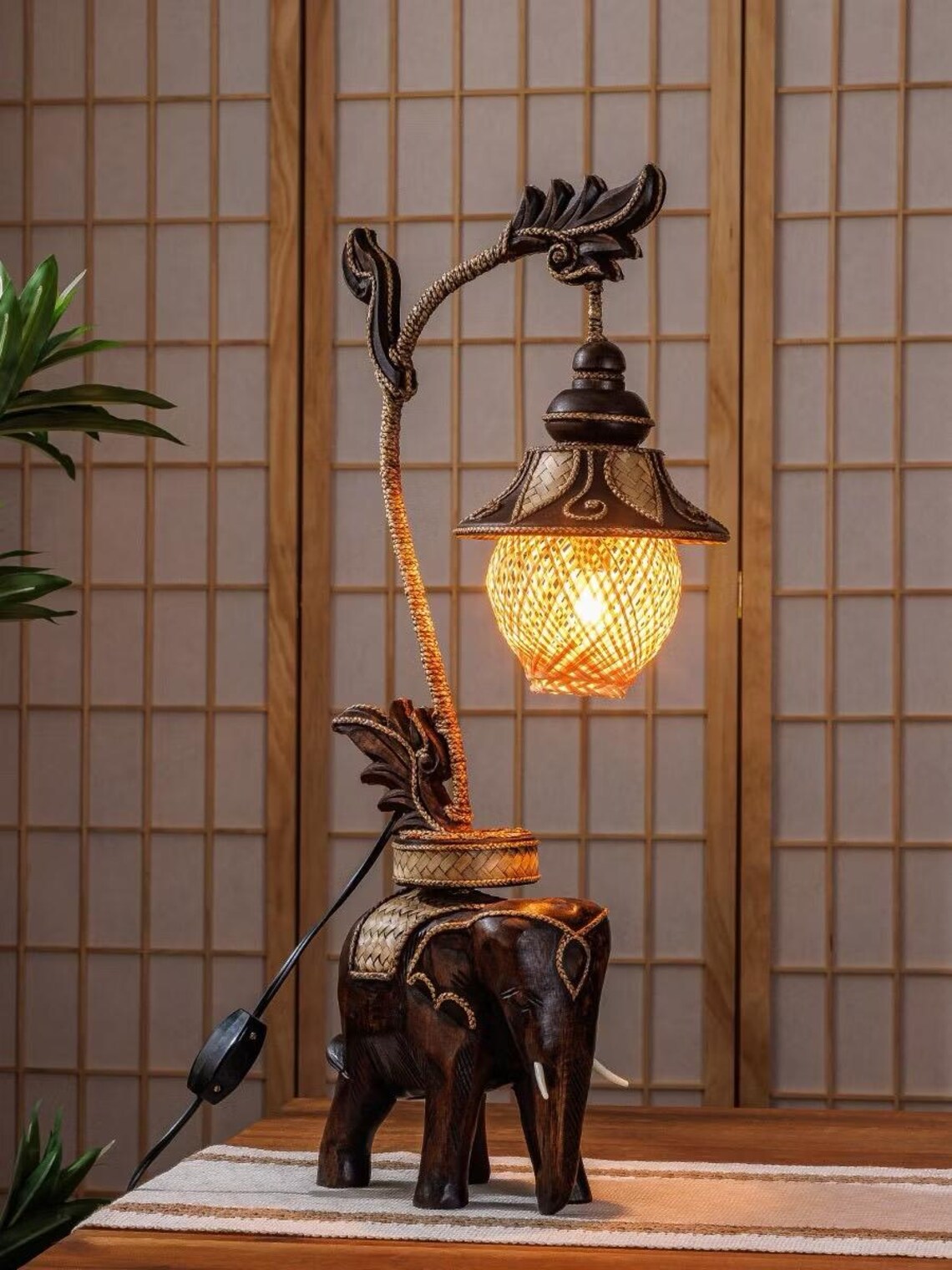 Elephant Lamp, Tabletop Lamp, Carved Wooden Elephant Lamp, Pagoda-style ...