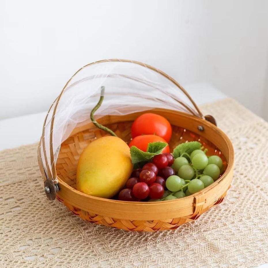 Bamboo Woven Basket With Mesh Cover – Handmade Fruit Basket, Food Cover ...