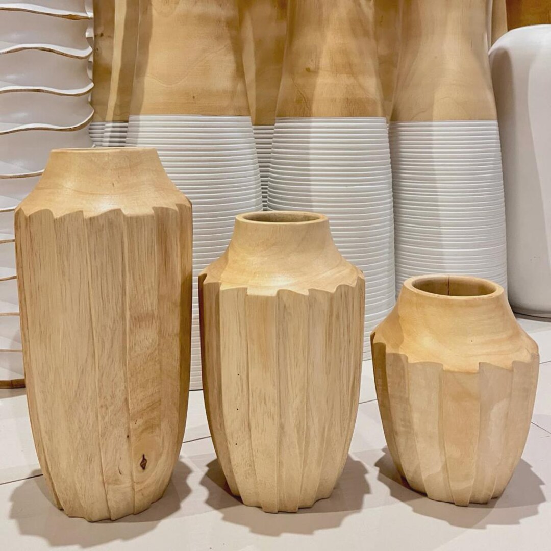 Grooved Mango Wood Vase – Handcrafted Rustic Wooden Vase, Modern ...