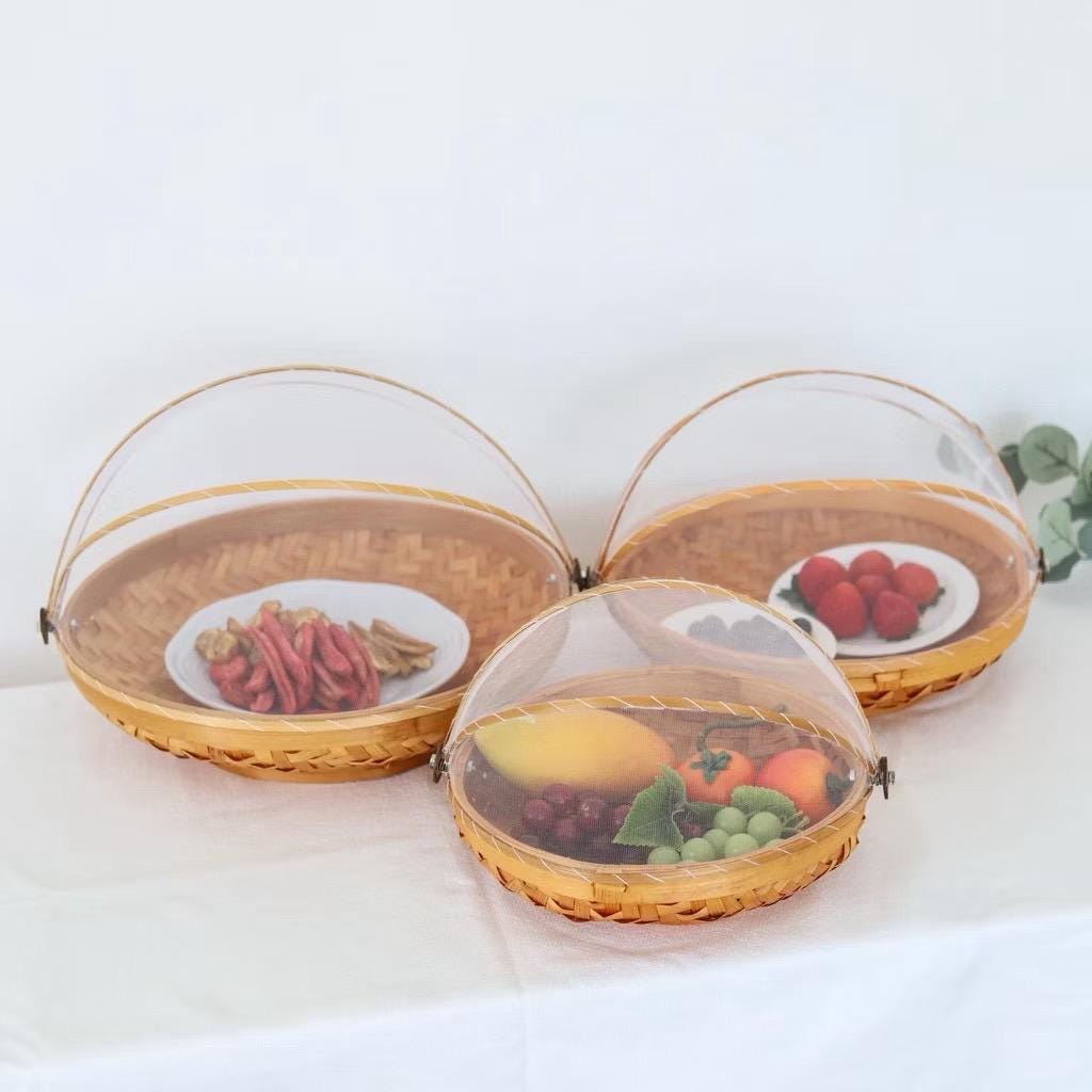 Bamboo Woven Basket With Mesh Cover – Handmade Fruit Basket, Food Cover ...