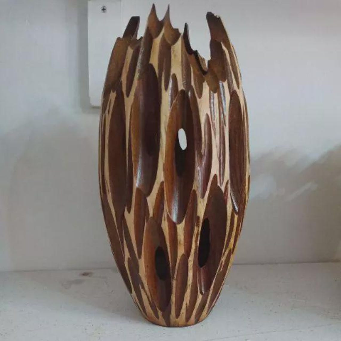 Carved Mango Wood Vase – Handmade Natural Wooden Vase, Rustic Home ...