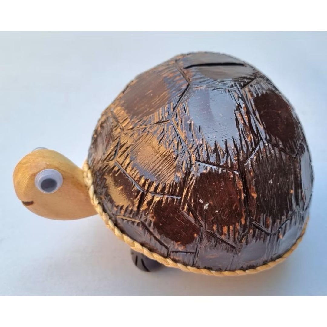 Coconut Shell Piggy Bank Turtle, Wooden Piggy Bank, Rare Collection ...