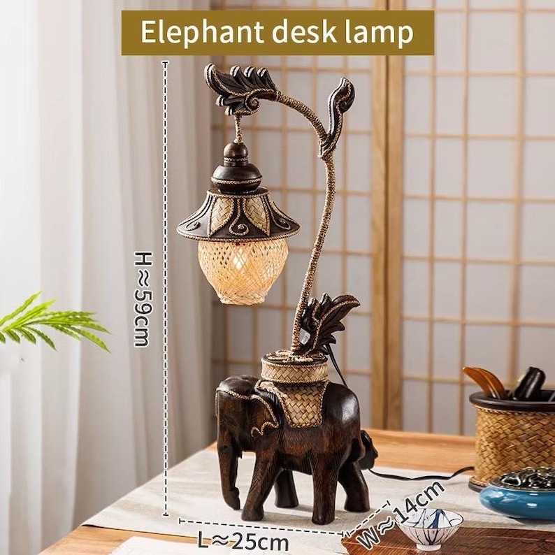 Elephant Lamp, Tabletop Lamp, Carved Wooden Elephant Lamp, Pagoda-style ...