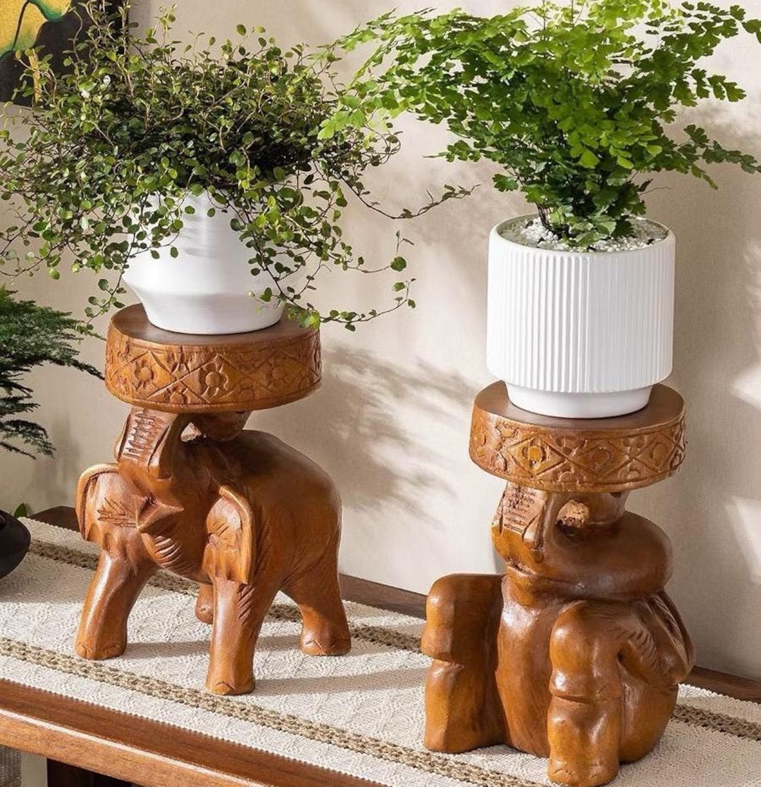 Carved Elephant Plant Stand, Wooden Plant Stand, Wood Plant Holder ...