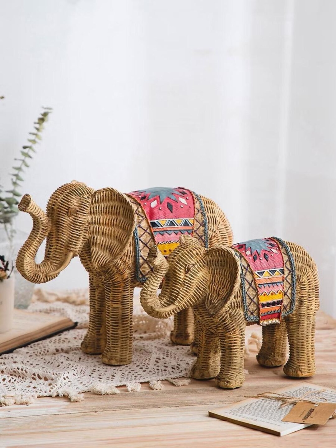 Retro Rattan Elephant Statue, Handcrafted Elephant Figurine, Vintage ...