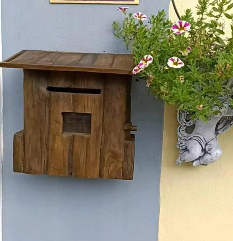 Large Teak Wood Mailbox With Newspaper Slot – Outdoor Lockable Wooden ...