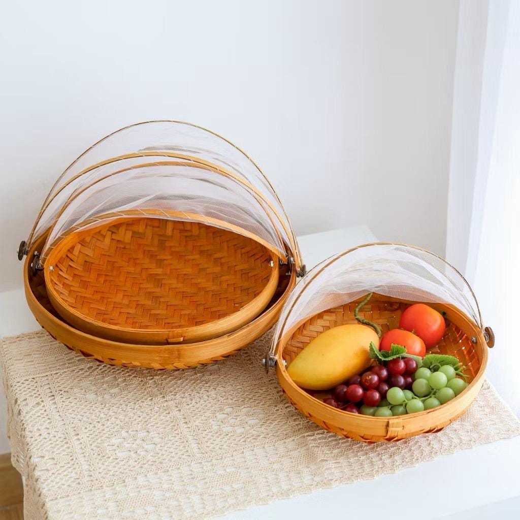 Bamboo Woven Basket With Mesh Cover – Handmade Fruit Basket, Food Cover ...