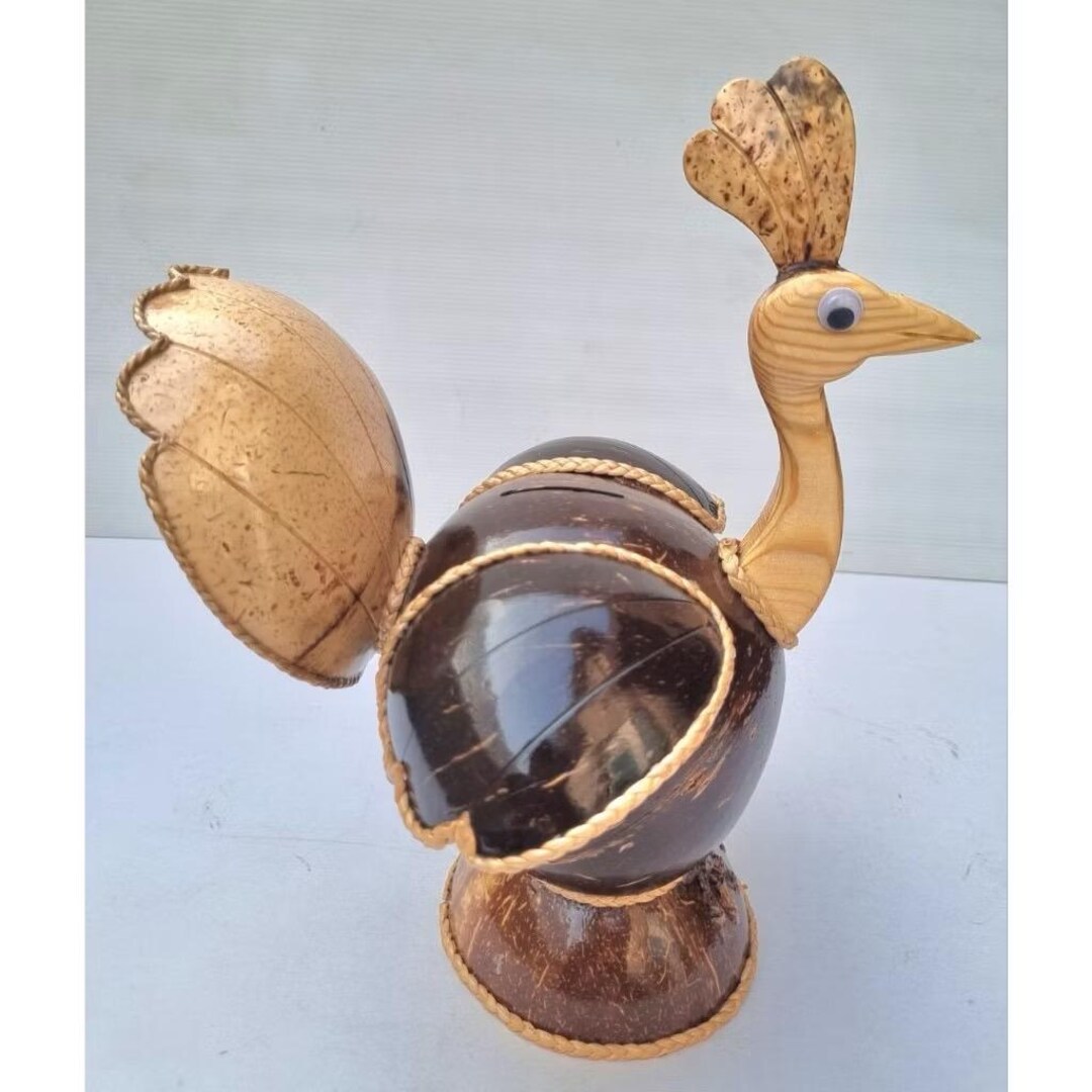 Coconut Shell Piggy Bank Peacock, Wooden Piggy Bank, Rare Collection ...