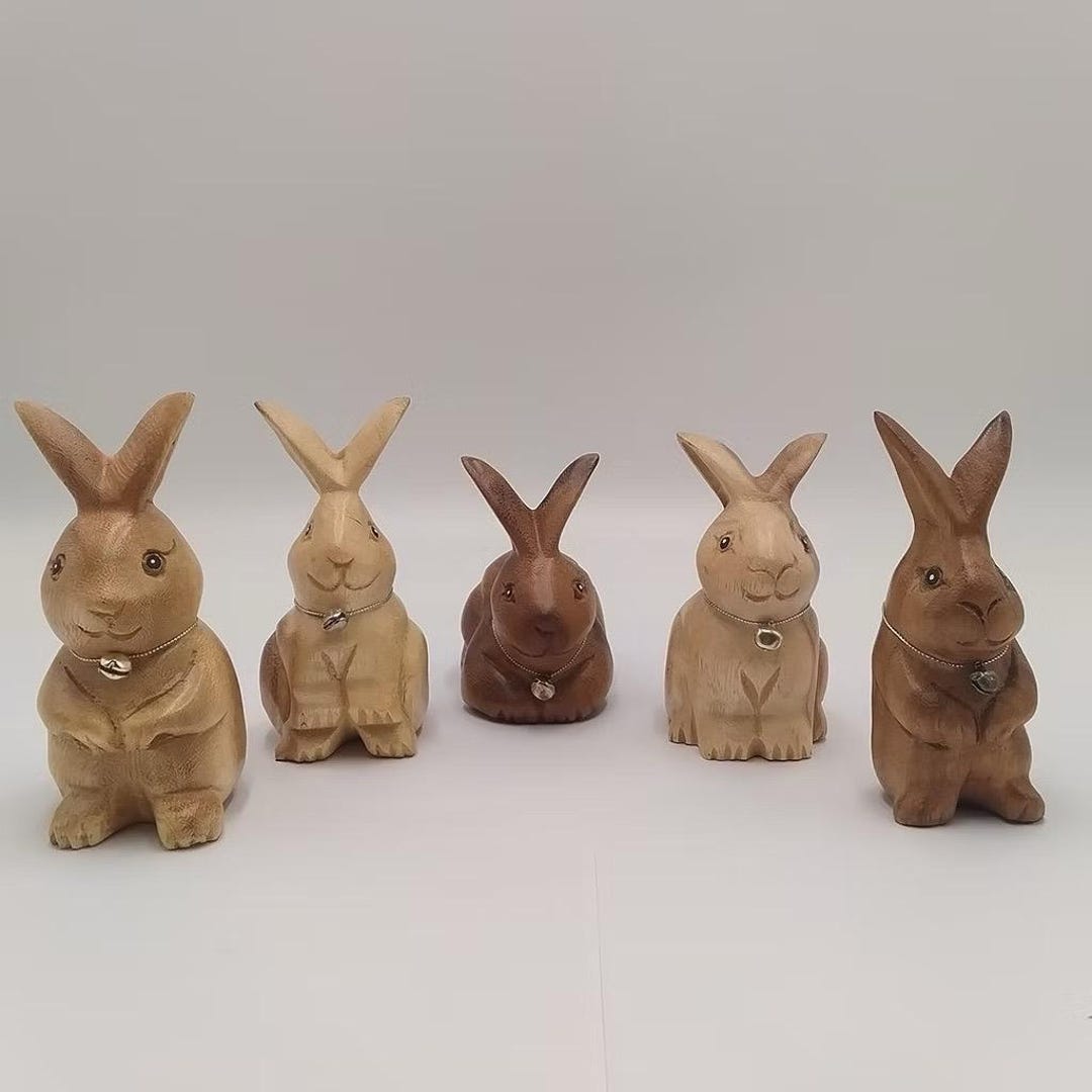 Wooden Carved Rabbit, Natural Color Tabletop Figurine, Wooden Rabbit ...