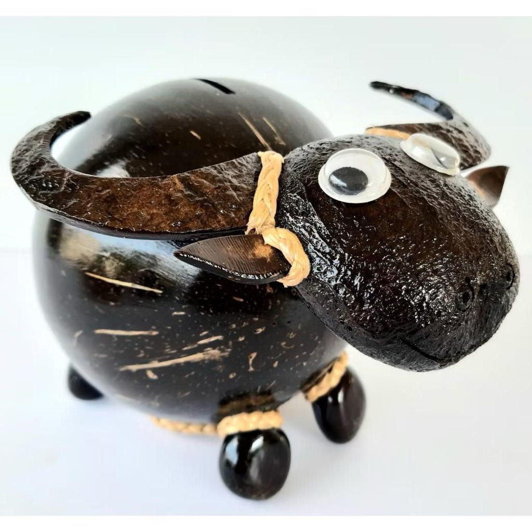 Coconut Shell Piggy Bank Buffalo, Wooden Piggy Bank, Rare Collection ...