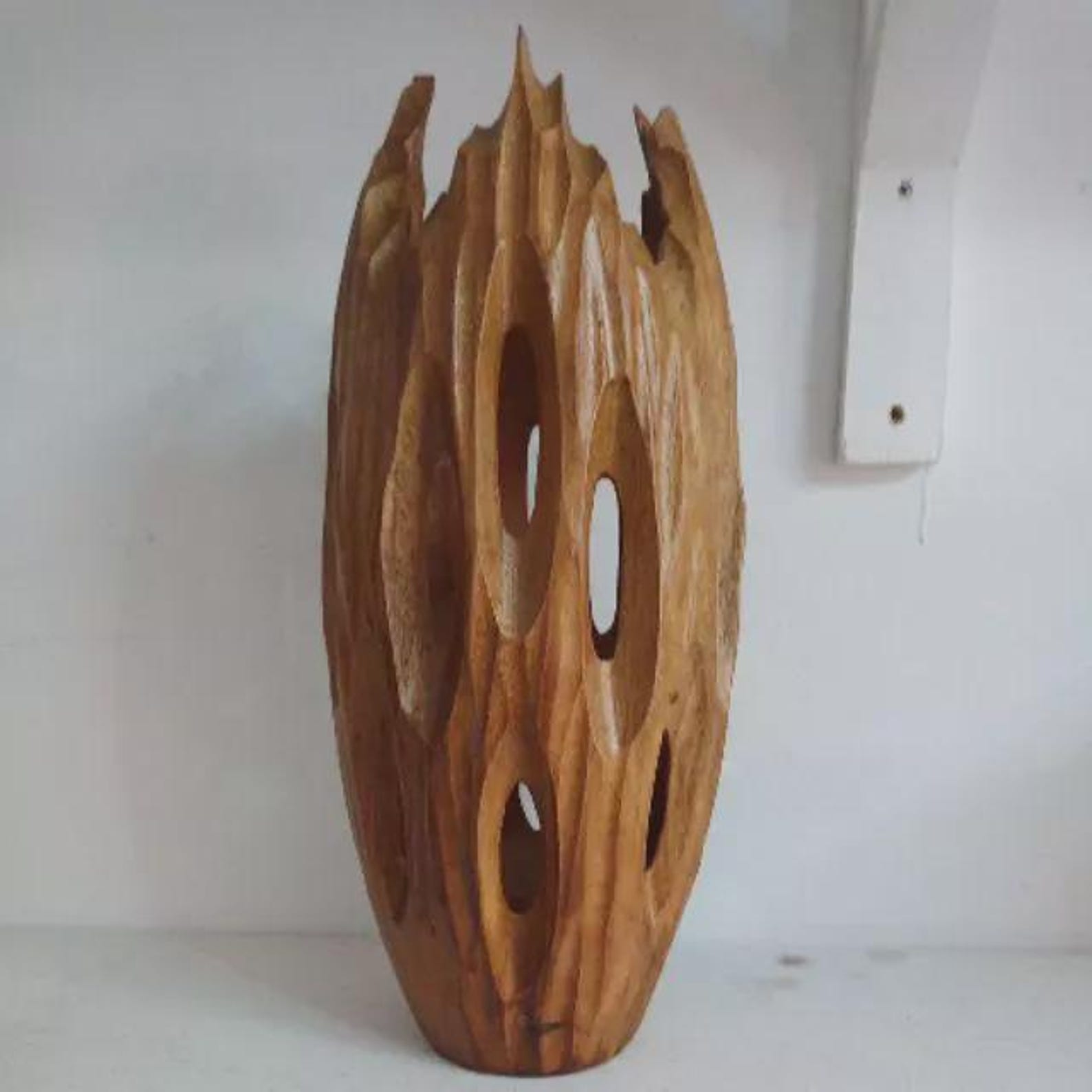 Carved Mango Wood Vase – Handmade Natural Wooden Vase, Rustic Home ...