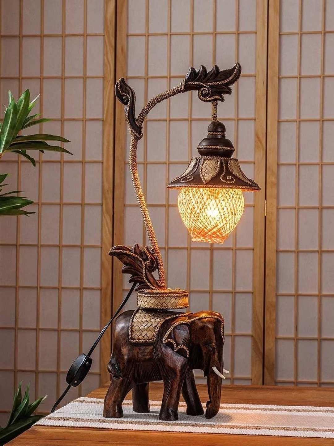 Elephant Lamp, Tabletop Lamp, Carved Wooden Elephant Lamp, Pagoda-style ...