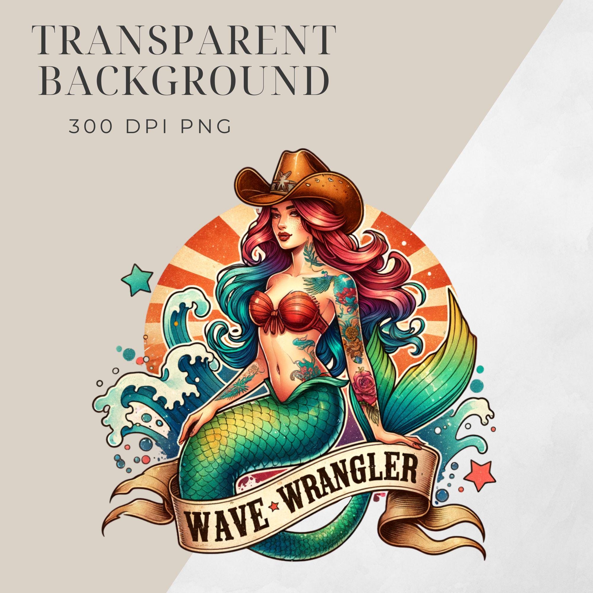 Western Watercolor Siren Mermaid Cowgirl Sublimation PNG Wave Wrangler ...