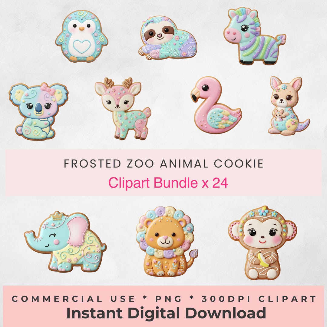 Frosted Animal Cookie Clipart Bundle 3D Kawaii Zoo Animal Sugar Cookie ...
