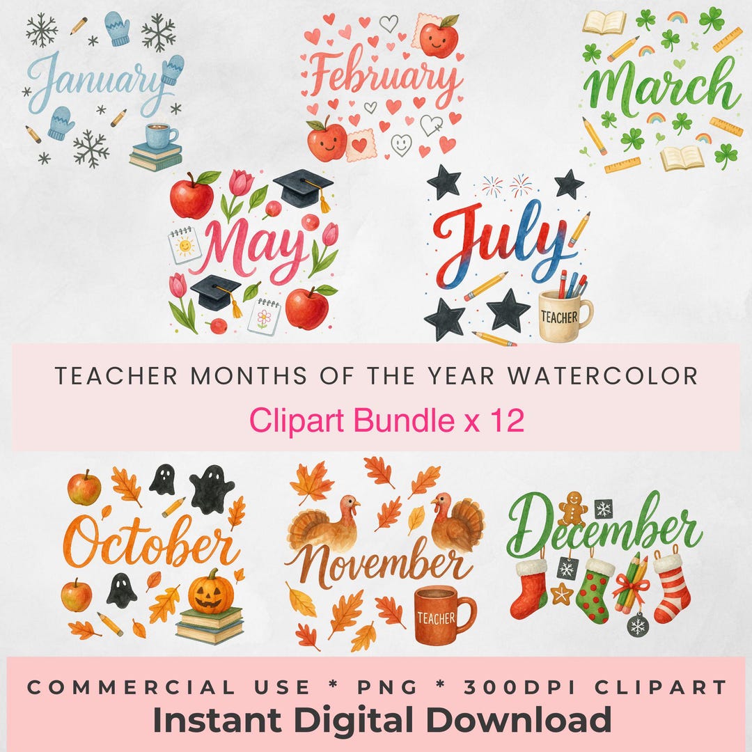 Teacher Months of the Year Watercolor Clipart Bundle Names of the ...
