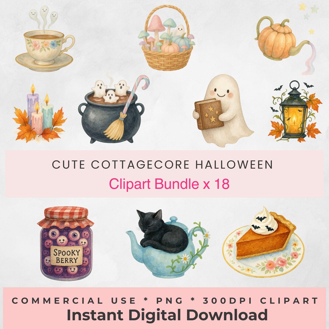 Cottagecore Spooky Cute Halloween Clipart Bundle Watercolor Pngs X 18 ...