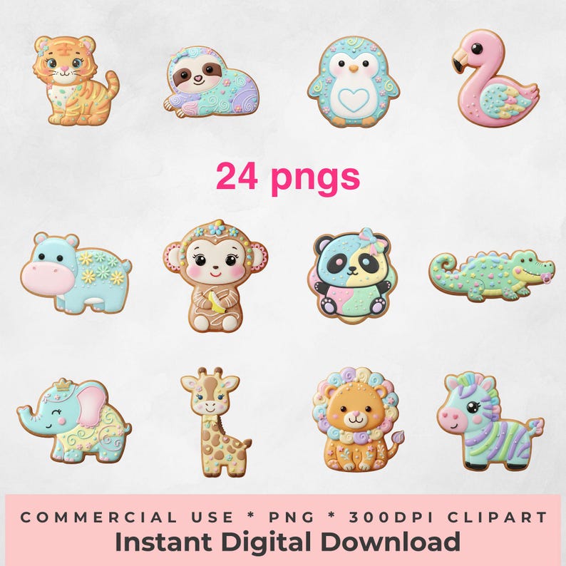 Frosted Animal Cookie Clipart Bundle 3D Kawaii Zoo Animal Sugar Cookie ...