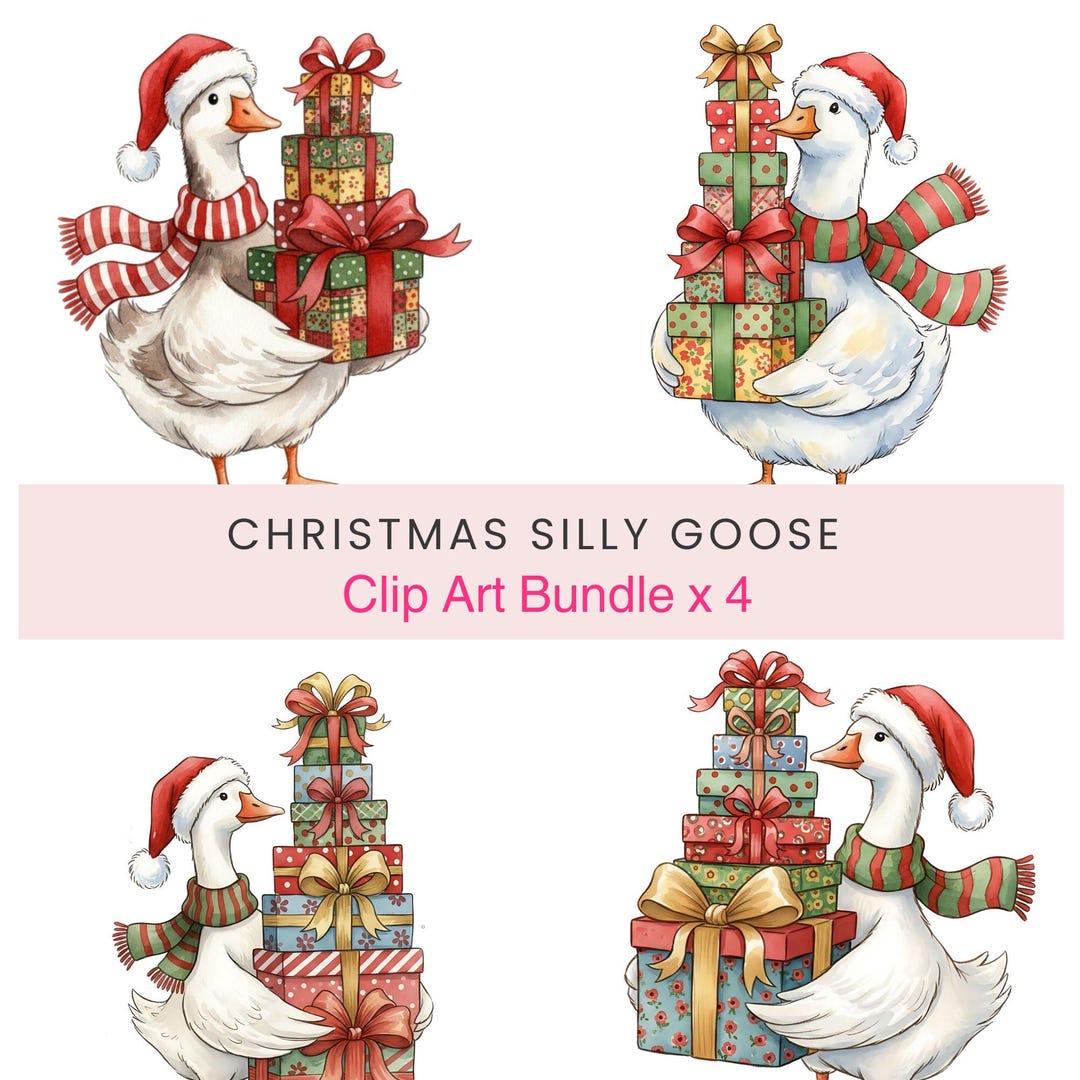 Christmas Silly Goose With Gifts Clipart Bundle Red Green Vintage Geese ...