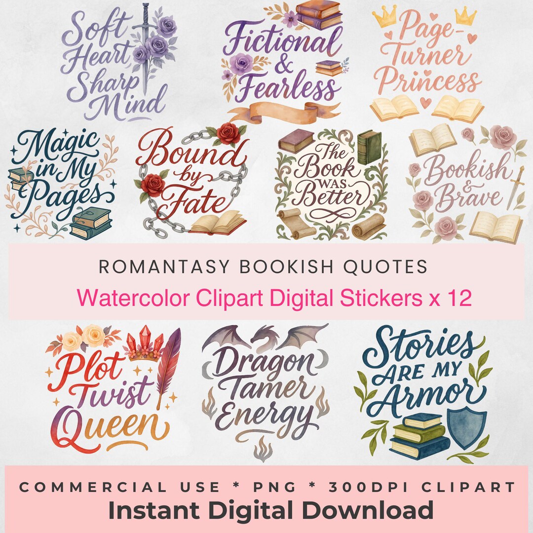 Romantasy Reader Bookish Quotes Clipart Sticker Bundle Dragon Fae Book ...