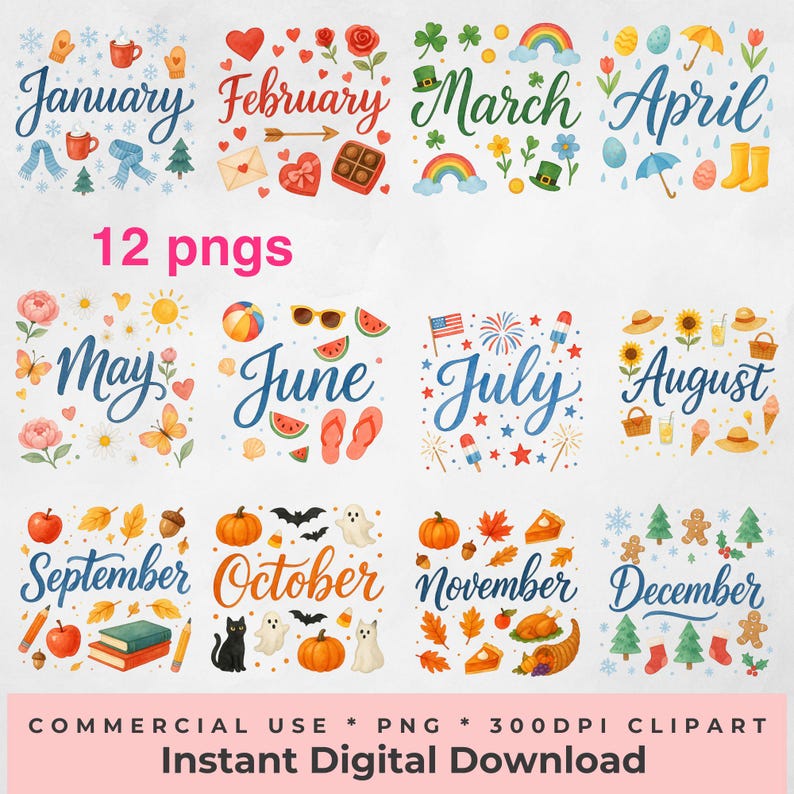 Months of the Year Watercolor Clipart Bundle Names of the Months Script ...