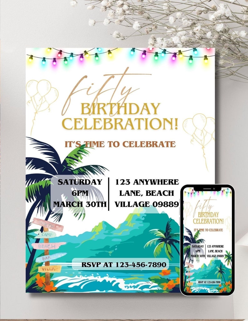 50th Caribbean Birthday Celebration, Birthday Invitation, Hawaiian ...
