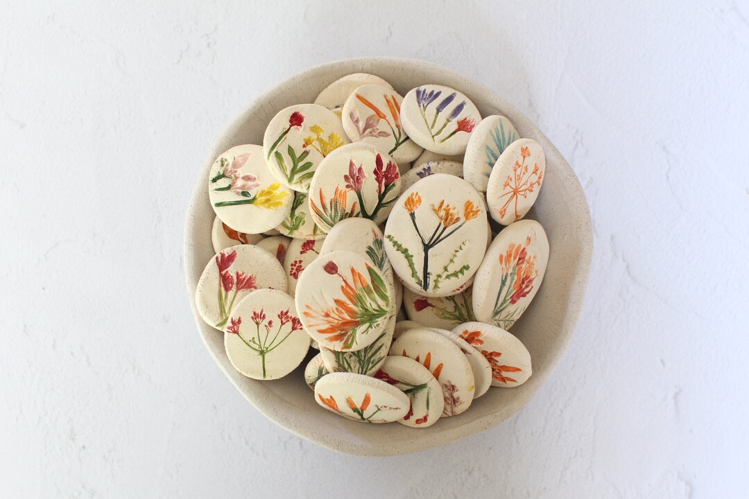 Botanical Table Decor, Ceramic Cabochon, Handmade Cabochons, Flower ...