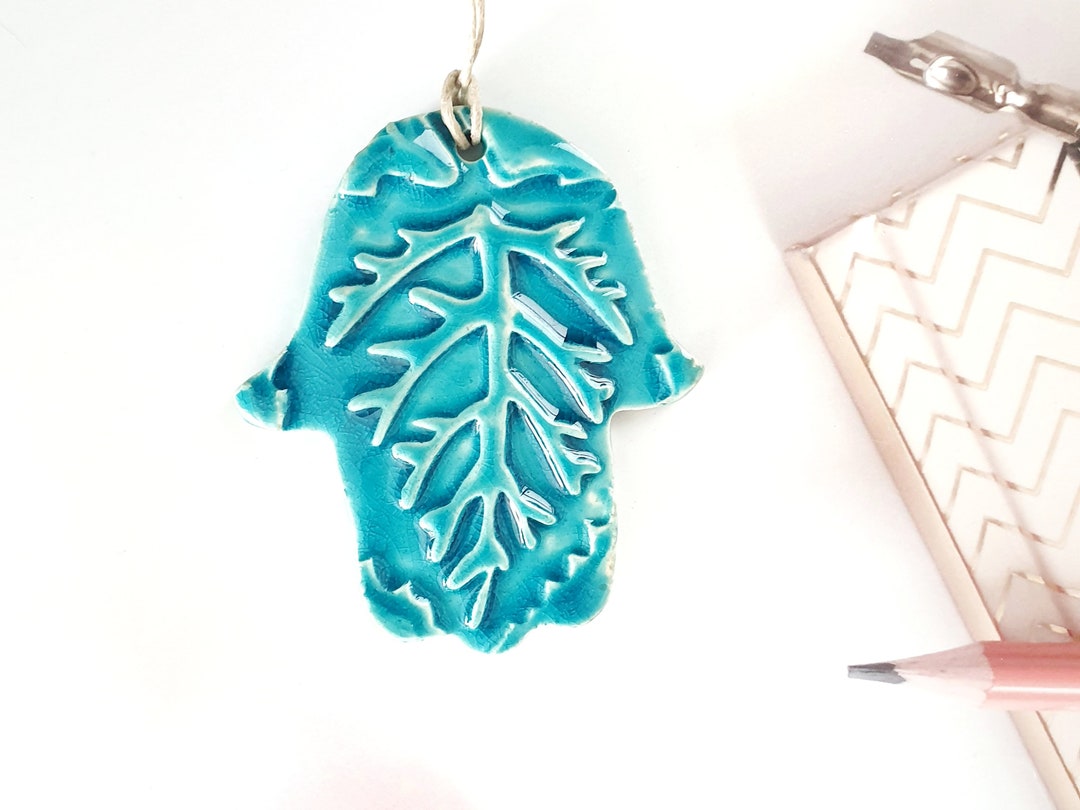 Ceramic Hamsa Decoration Beautiful Handmade Aqua Turquoise With Leaf ...