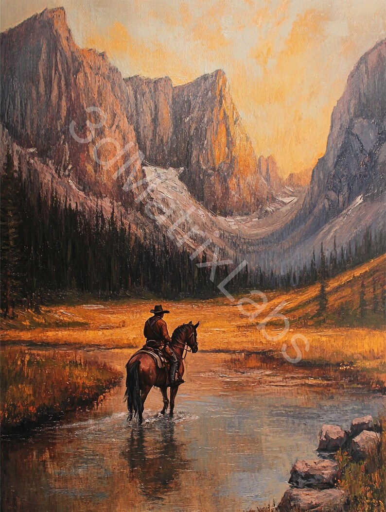 Cowboy in the Mountains Printable Wall Art – Western Landscape Painting ...