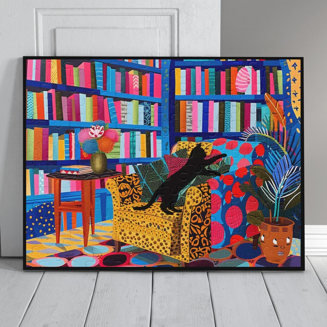 Whimsical Black Cat Library Puzzle 120pcs 252pcs 500pcs Colorful Cozy ...