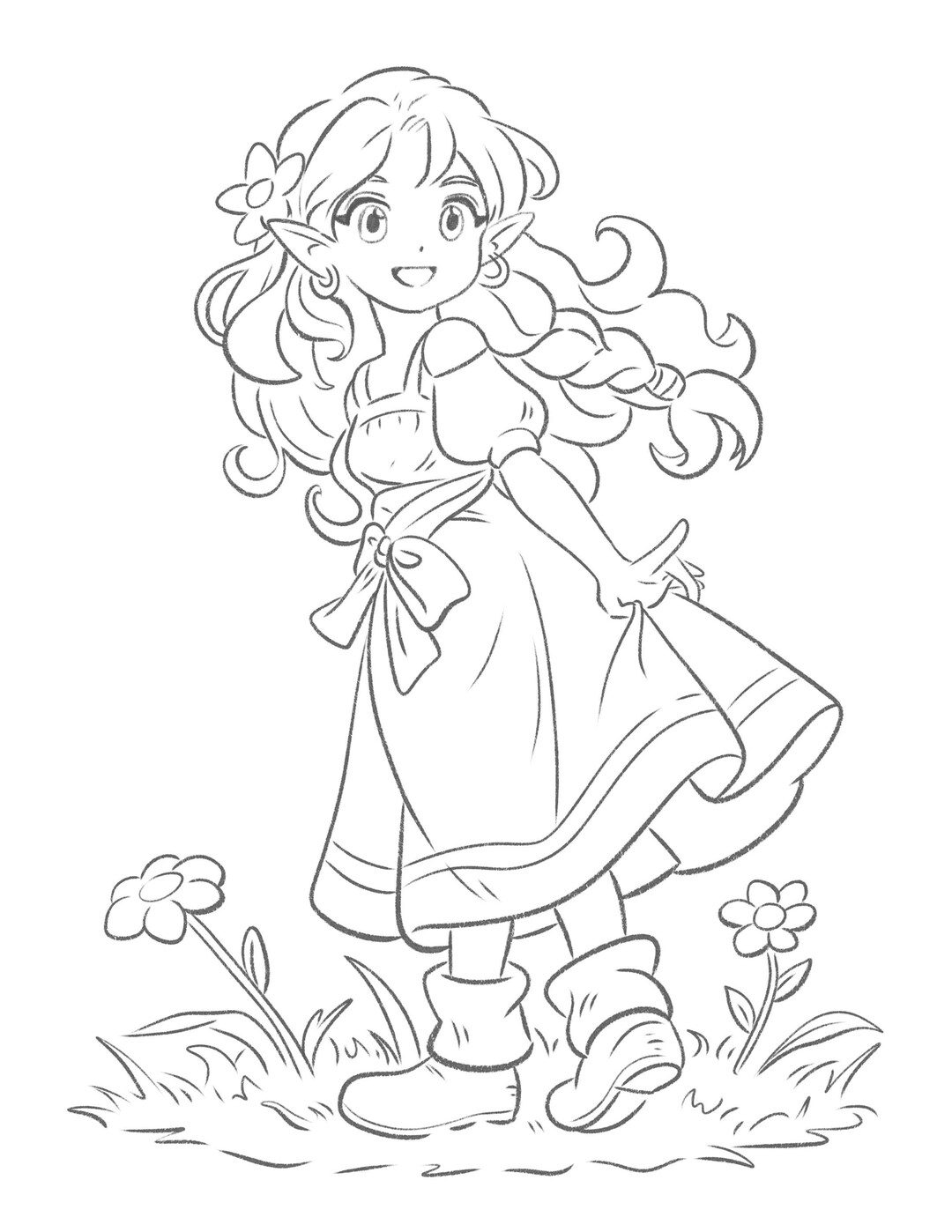 Downloadable Printable Cute Elf Girl Adult Coloring Page - Ink and ...
