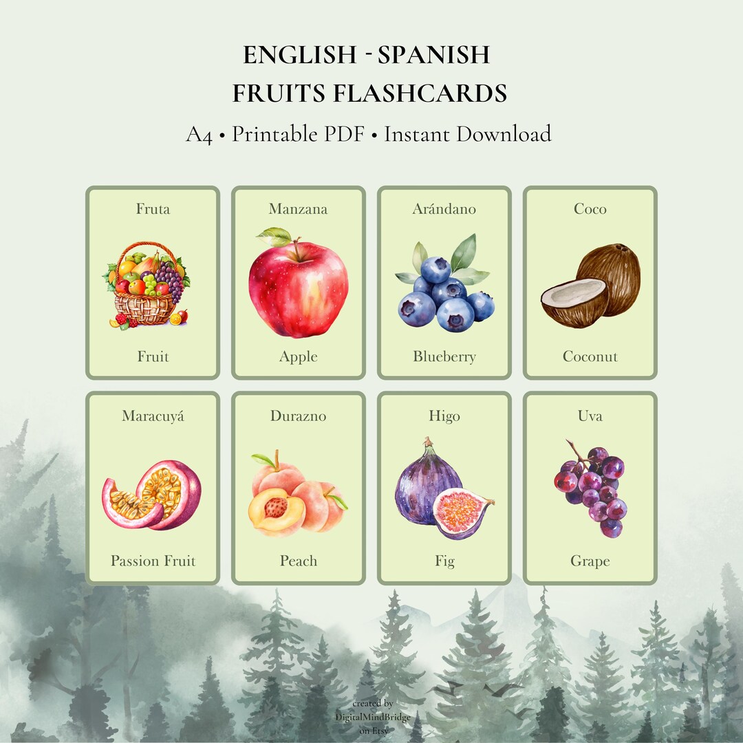 English Spanish Fruits Flashcards for Kids Montessori Printable PDF - Etsy