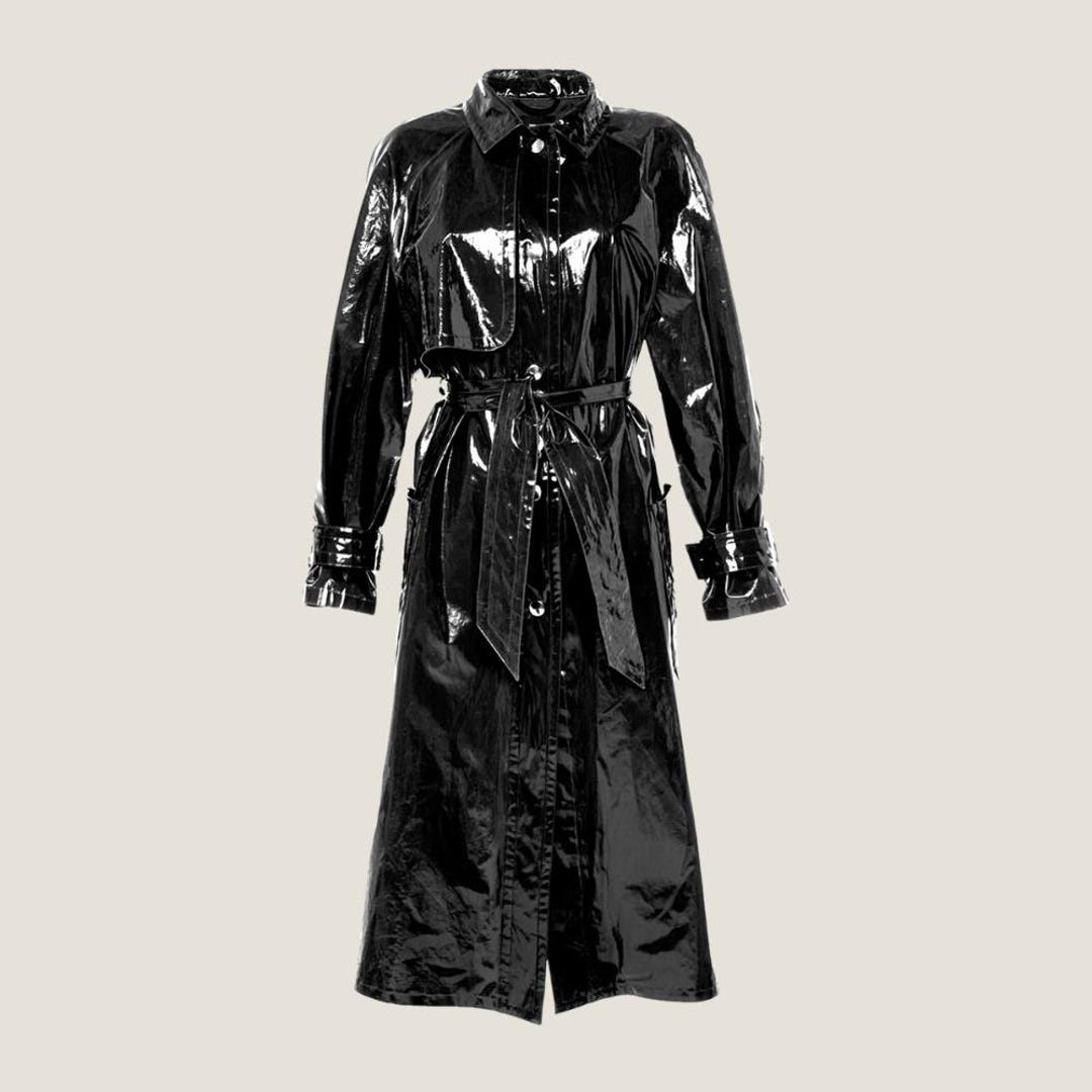 Shiny Black Vinyl Trench Coat - Double Breasted Belted Womens Coat ...