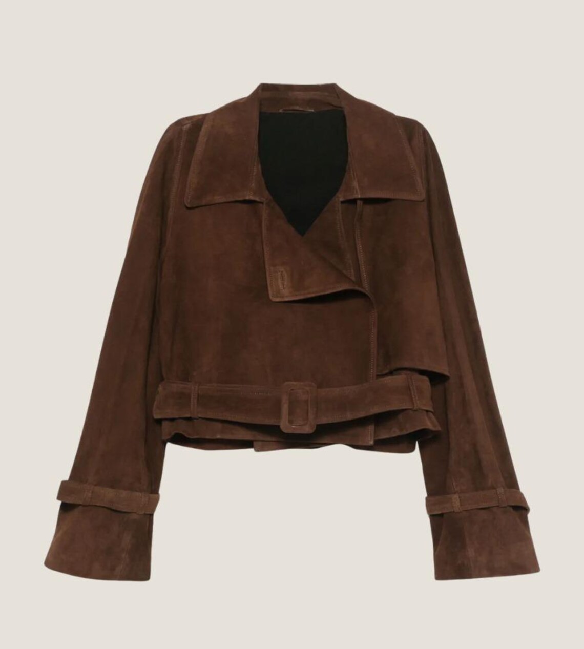 Women Boho Suede Leather Jacket – Brown Cropped Belted Wrap Jacket ...