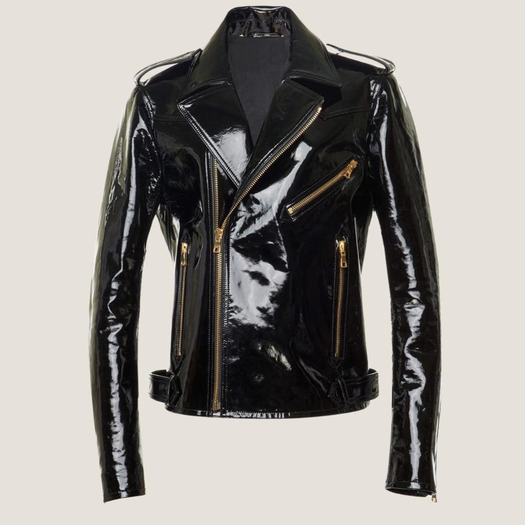 Men’s Shiny Black Vinyl Biker Jacket – Glossy Faux Leather Moto Jacket ...