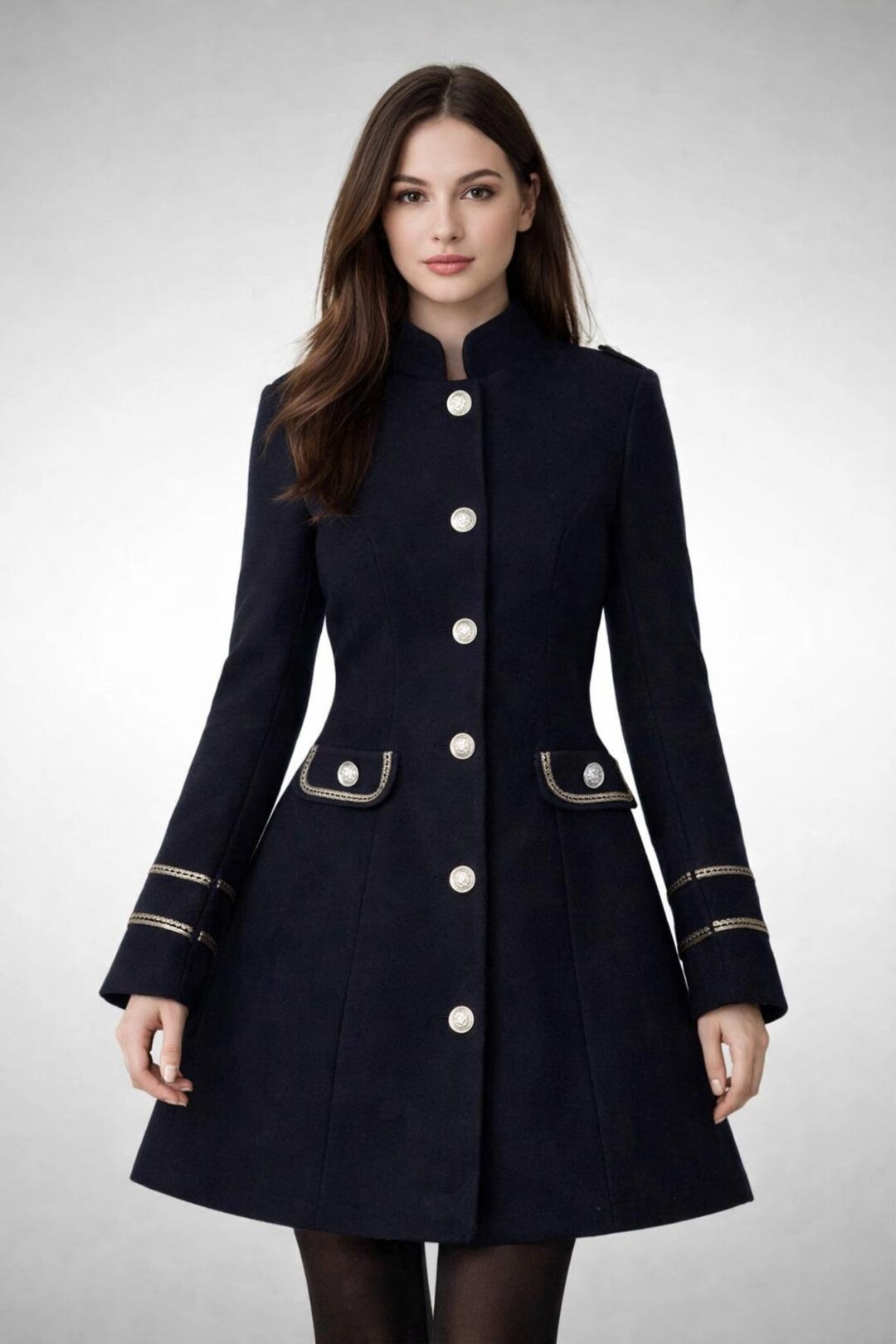 Women Navy Military Wool Coat – Tailored A Line Formal Jacket for ...