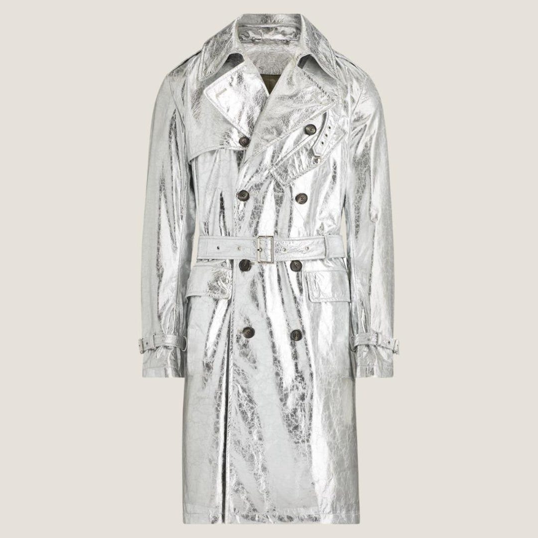 Handmade Metallic Silver Sheepskin Trench Coat, Belted Leather Jacket ...