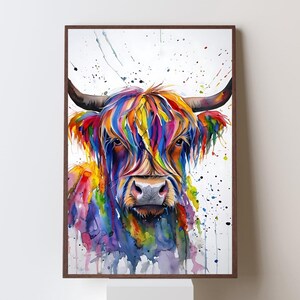 Colourful Highland Cow Print, Multicoloured Paint Splashes Cow Art ...