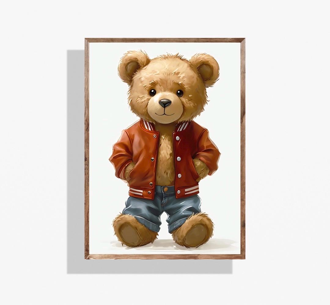 Stylish Bear in Varsity Jacket, Retro Luxury Digital Art, Vintage ...