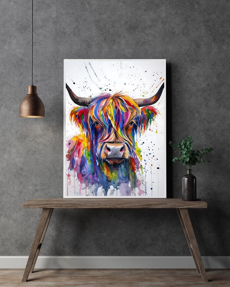 Colourful Highland Cow Print, Multicoloured Paint Splashes Cow Art ...