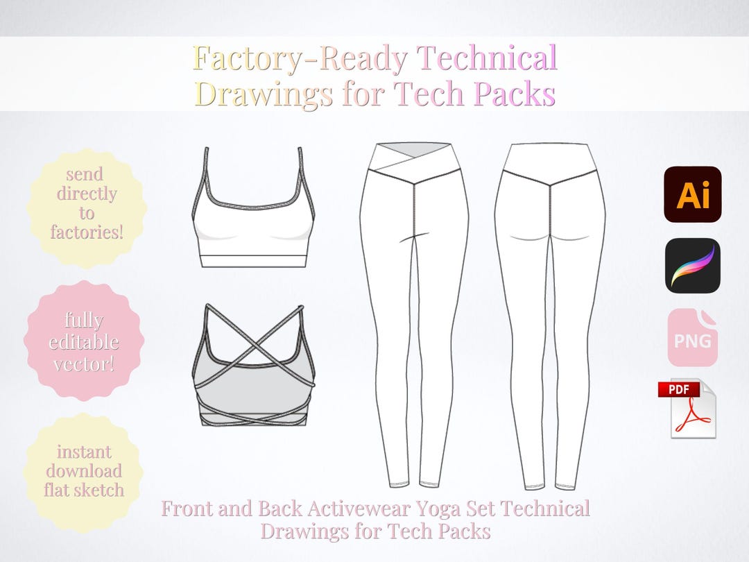 Activewear CAD Flat Sketch for Tech Packs | Pilates Yoga Set Technical ...