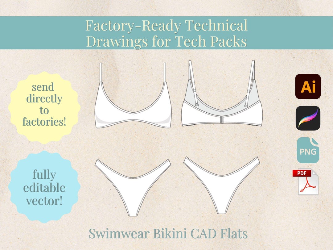 Swimwear Bikini CAD Flats – Factory-ready Technical Drawings for Tech ...