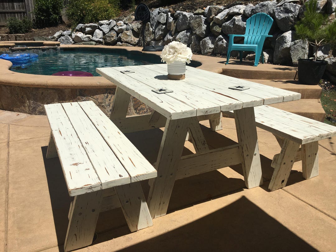 White, Vintage 'washed' Style Table, 5 Feet Long, With Matching Free ...