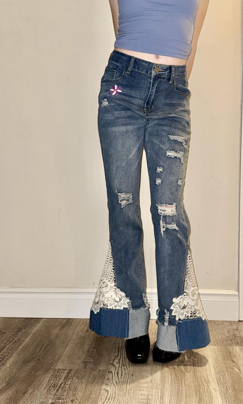 Handmade Lace Insert Bell Bottom Jeans: Upcycled Boho Denim Flares - Etsy