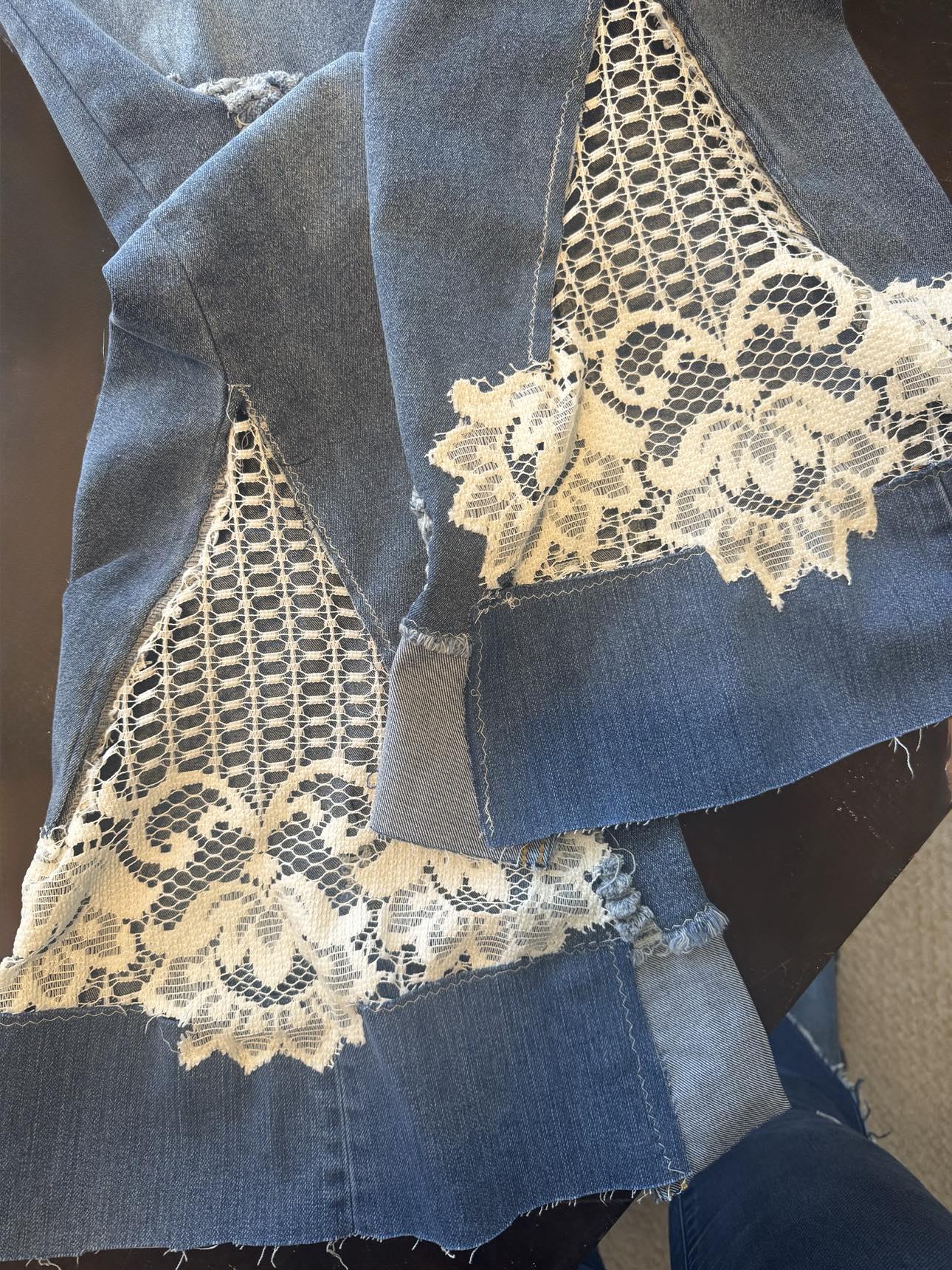 Handmade Lace Insert Bell Bottom Jeans: Upcycled Boho Denim Flares - Etsy