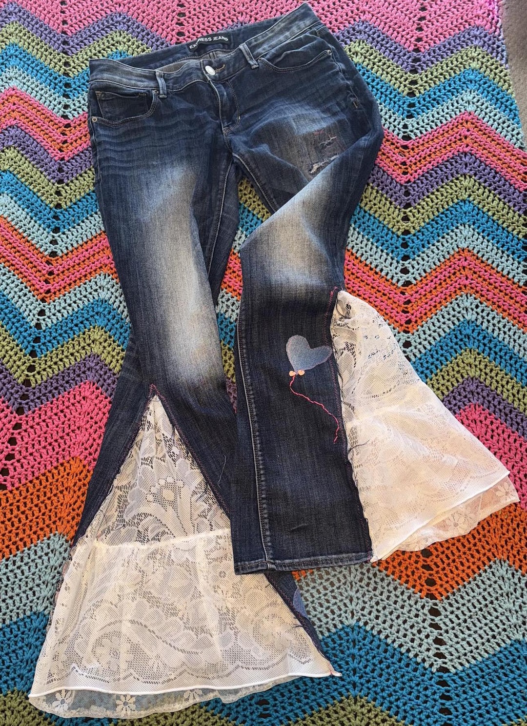Beautiful Lace Bell Bottom Flared Boho Hippy Upcycled Size 10 Jeans W ...