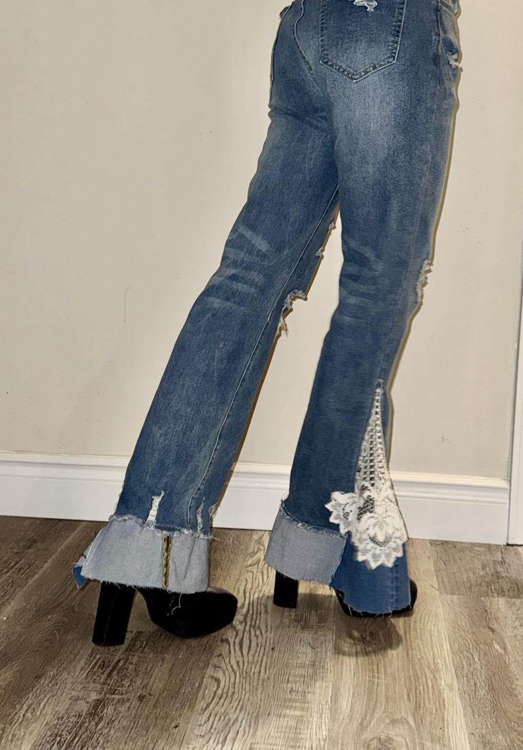 Handmade Lace Insert Bell Bottom Jeans: Upcycled Boho Denim Flares - Etsy