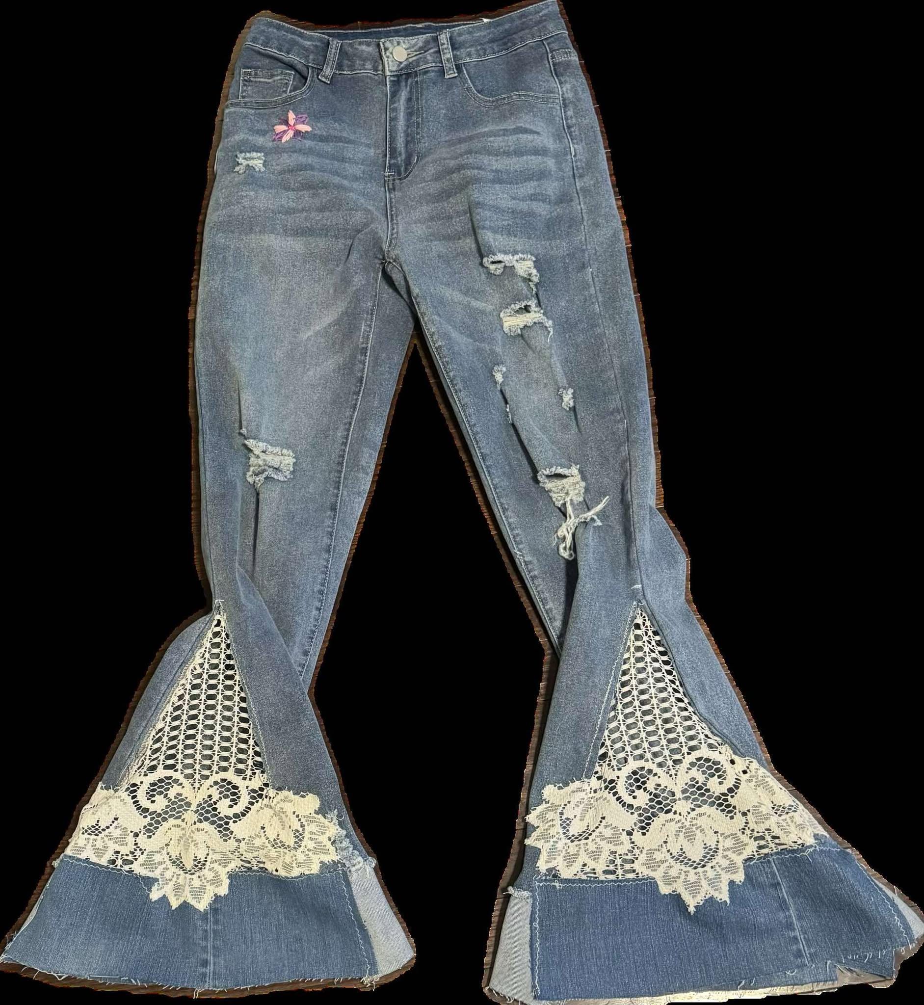 Handmade Lace Insert Bell Bottom Jeans: Upcycled Boho Denim Flares - Etsy