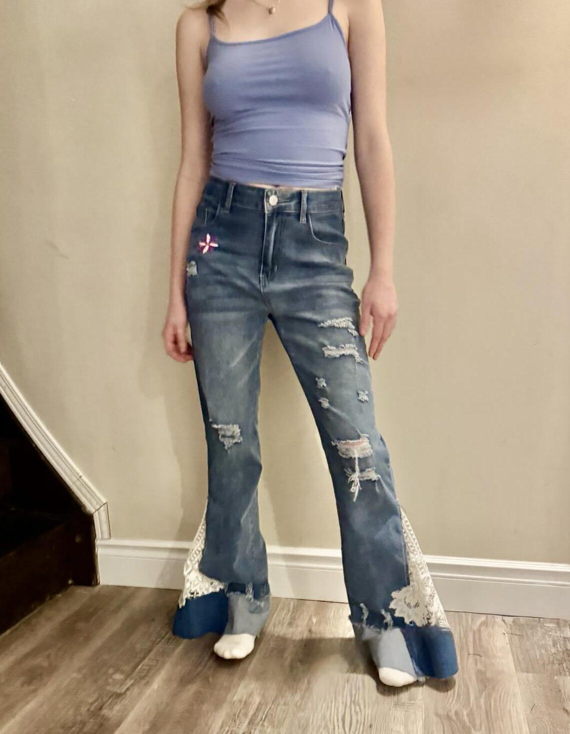 Handmade Lace Insert Bell Bottom Jeans: Upcycled Boho Denim Flares - Etsy